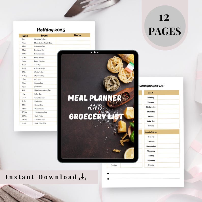 Printable Meal Planner & Grocery List: Weekly Food Organizer (digital ...