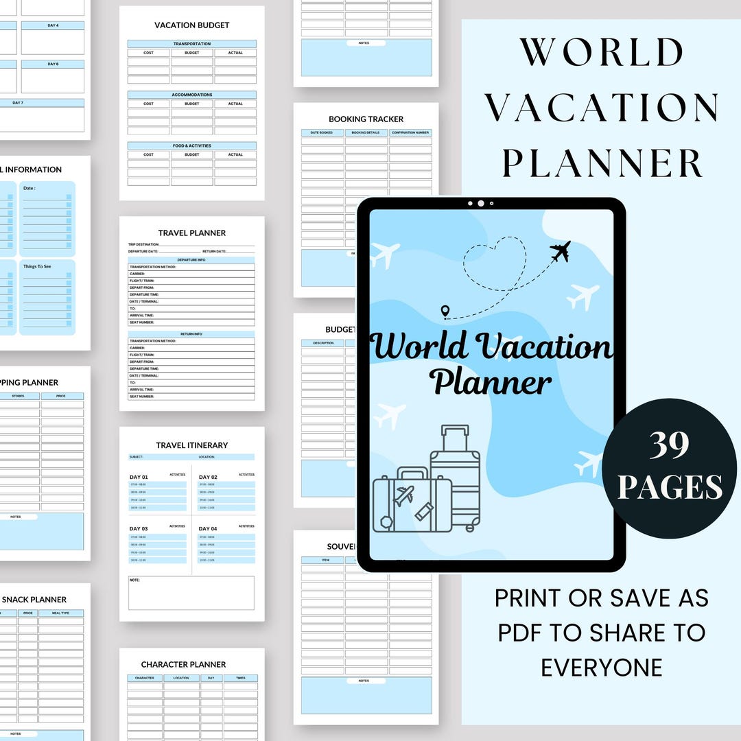 Printable World Vacation Planner: Travel Itinerary, Budget, Packing ...