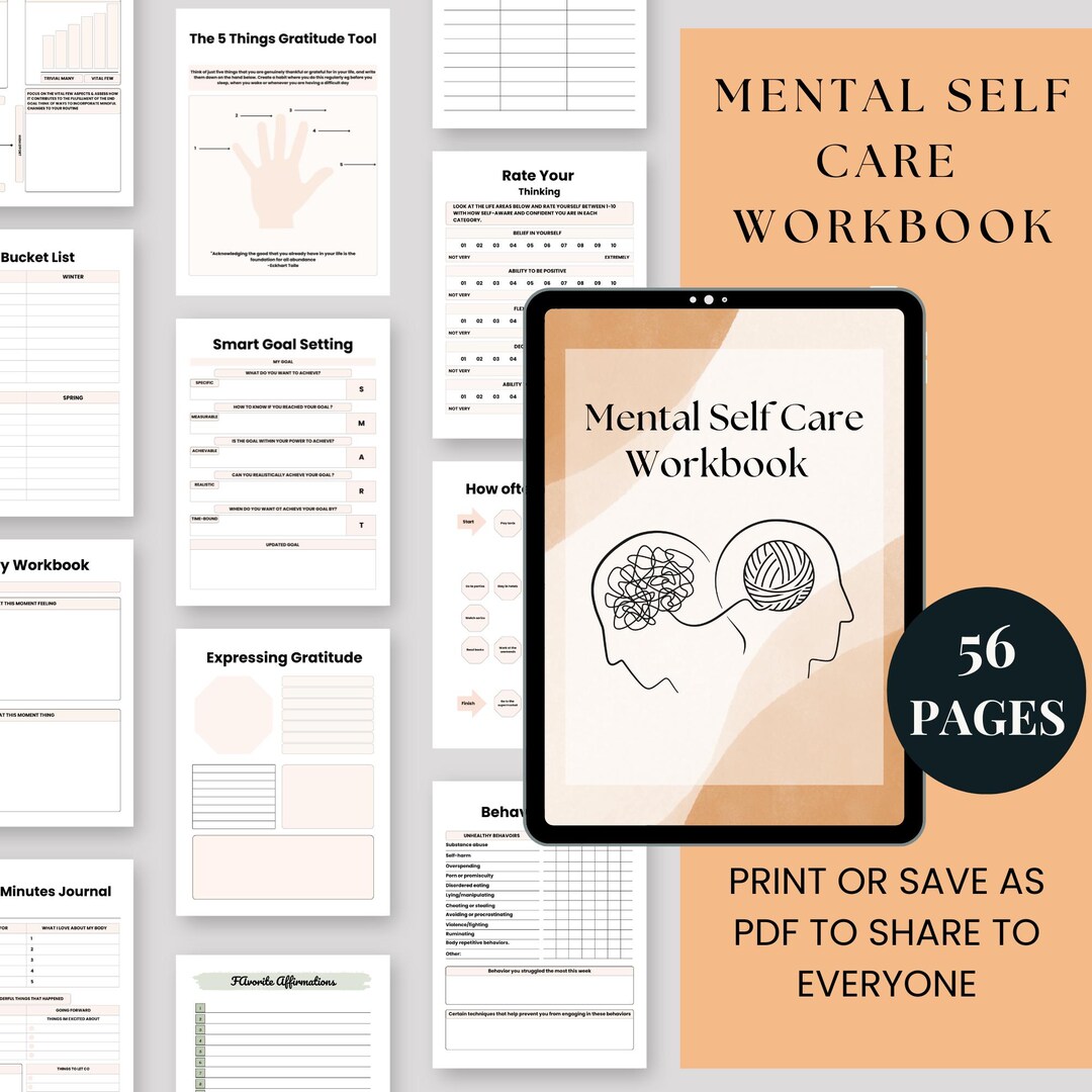 Printable Mental Self Care Workbook | Mindfulness Journal, Mood Tracker ...