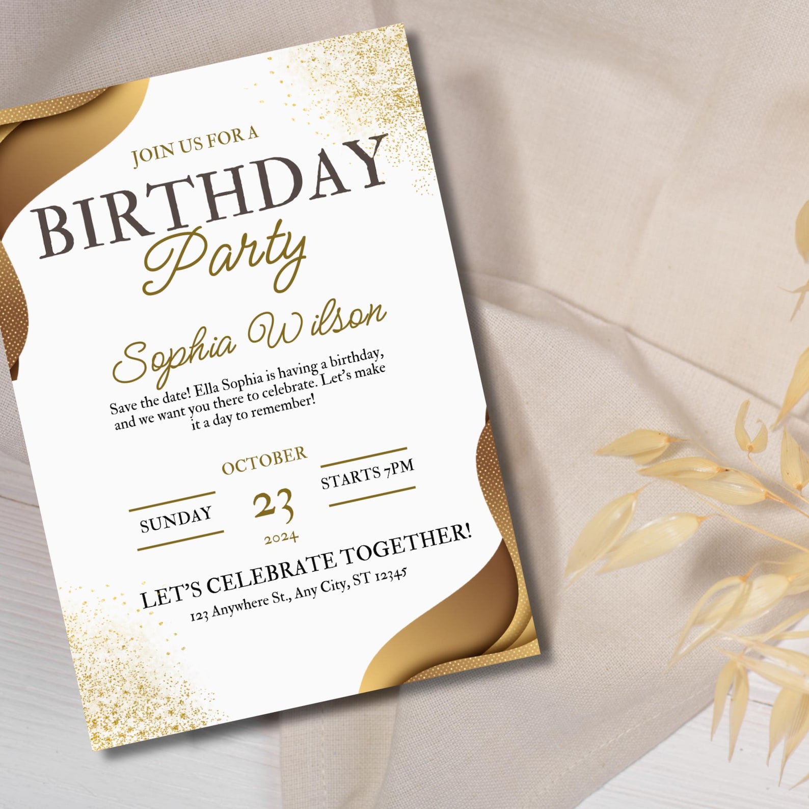 Printable White & Gold Birthday Invitation - Editable Elegant Party ...