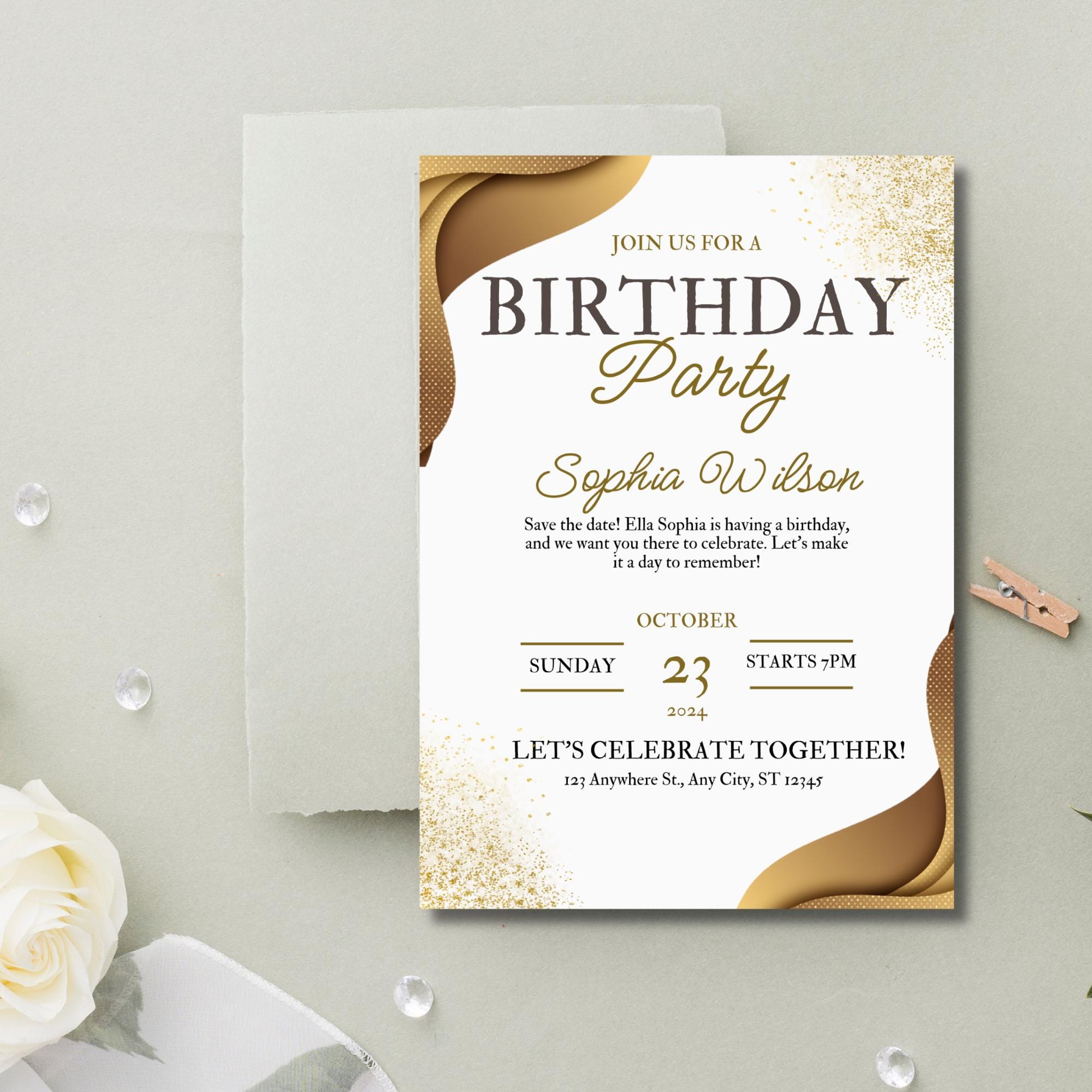 Printable White & Gold Birthday Invitation - Editable Elegant Party ...