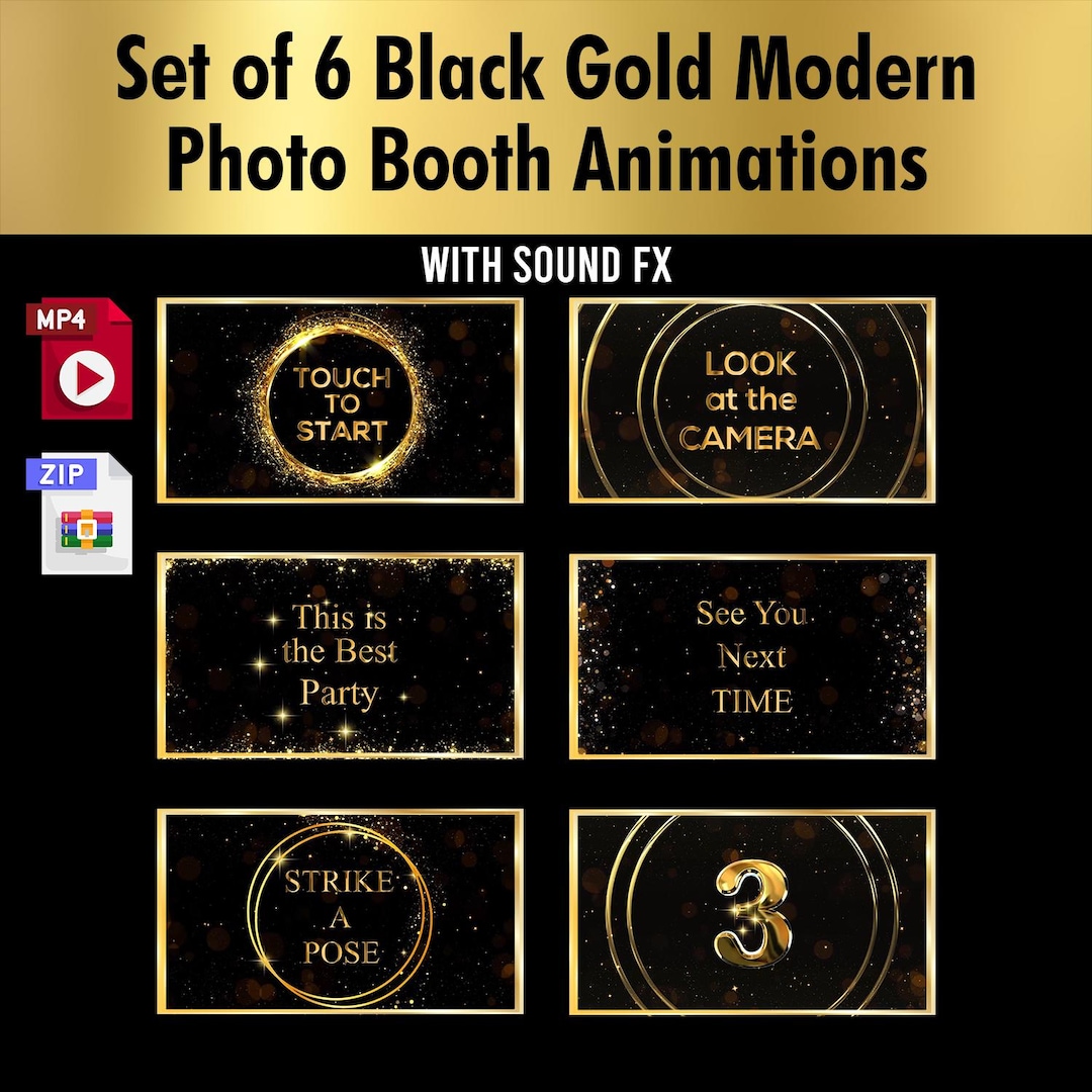 Set of 6 Black Gold Luxury Photo Booth Animation Bundle, Tap to Start ...