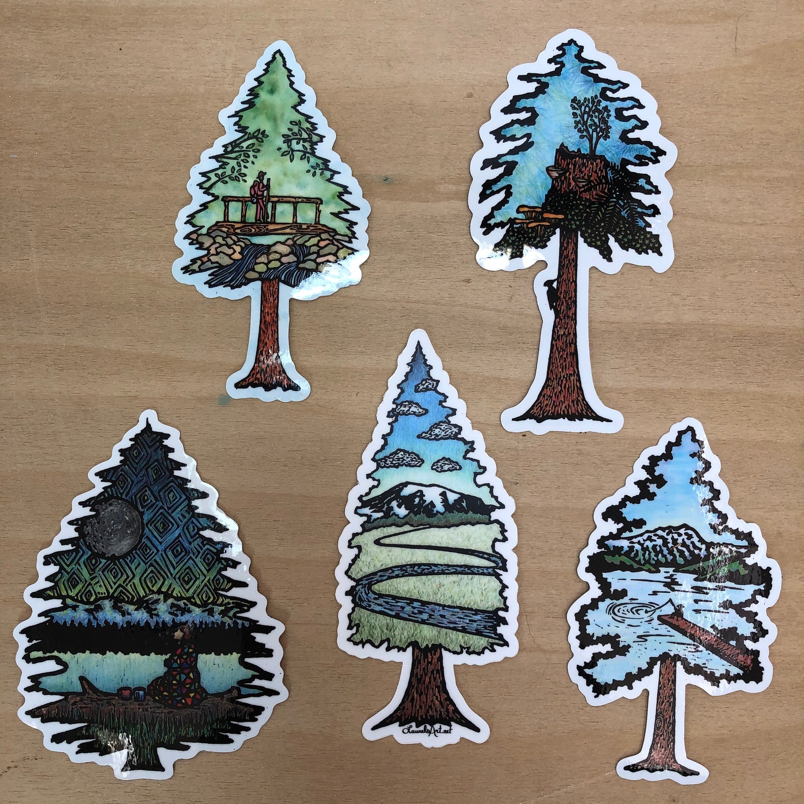 Woodblock Evergreen Tree Stickers | Etsy