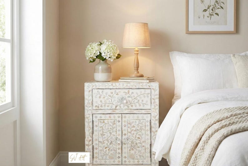 Mother of Pearl Inlay Nightstand | Handcrafted Floral Bedside Table - Etsy