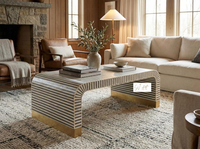 Handmade Bone Inlay Waterfall Coffee Table, Striped Living Room ...