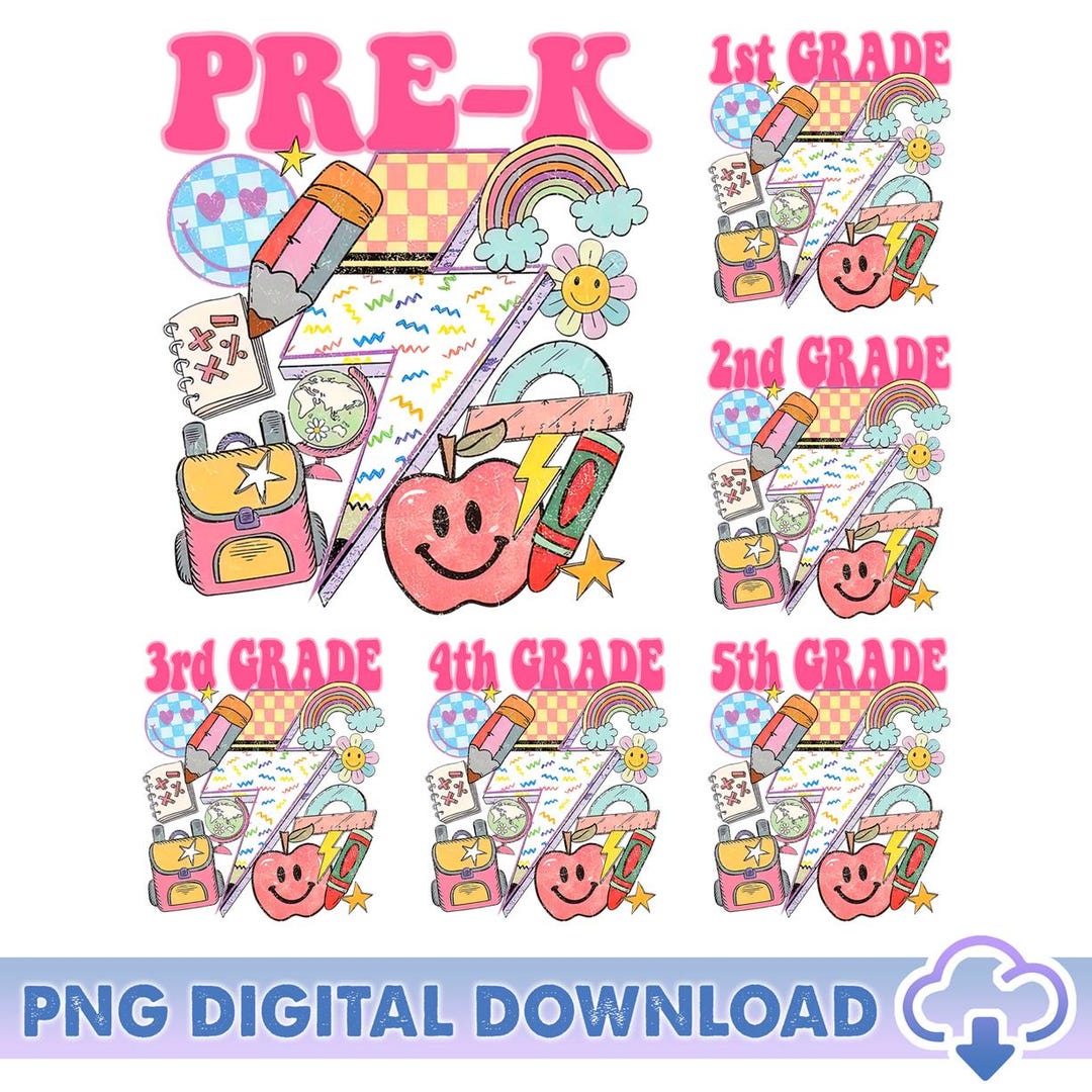 Lightning Bolt Back to School PNG Bundle, Pre K Through 5th Grade ...