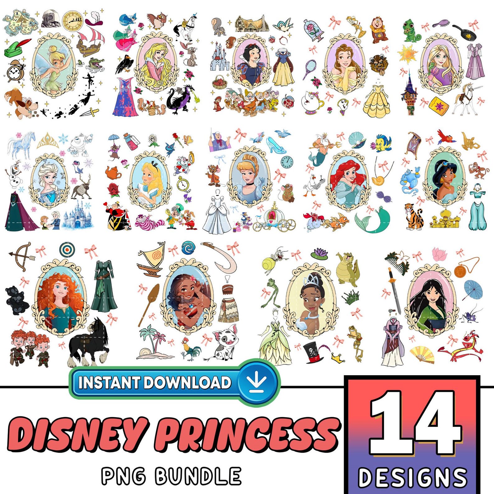 Disneyland Princess Locket Coquette Png Bundle, Mulan Tinker Bell ...