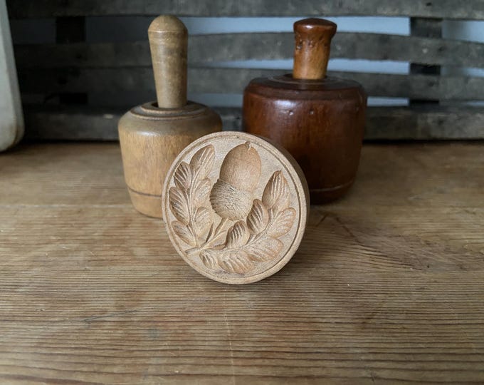 Carved Antique Treen Acorn Butter Stamp - Wooden Acorn and Oak Leaves ...