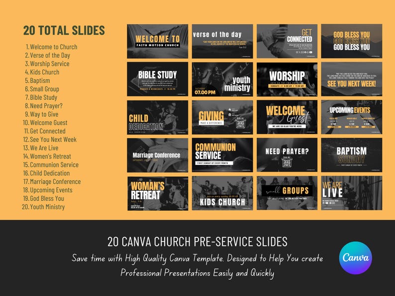 20 Canva Templates. Pre-service Church Slides. Modern Black White ...