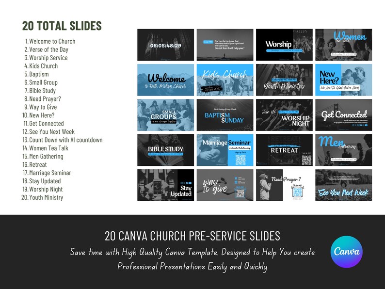 20 Canva Templates. Pre-service Church Slides. Modern Black Blue White ...