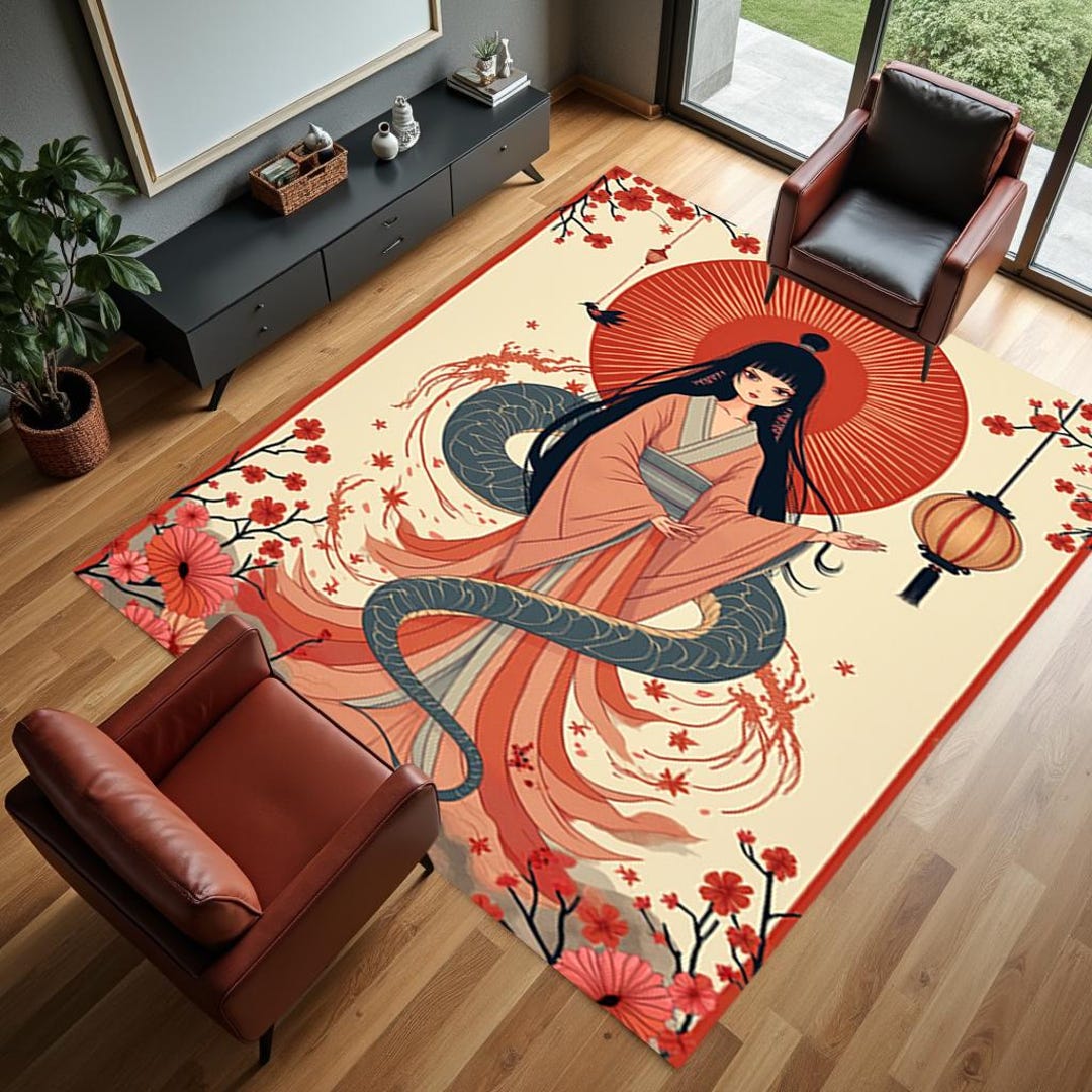 Anime Girl Rug, Japanese Art Rug, Geisha Tapestry Rug, Cherry Blossom ...
