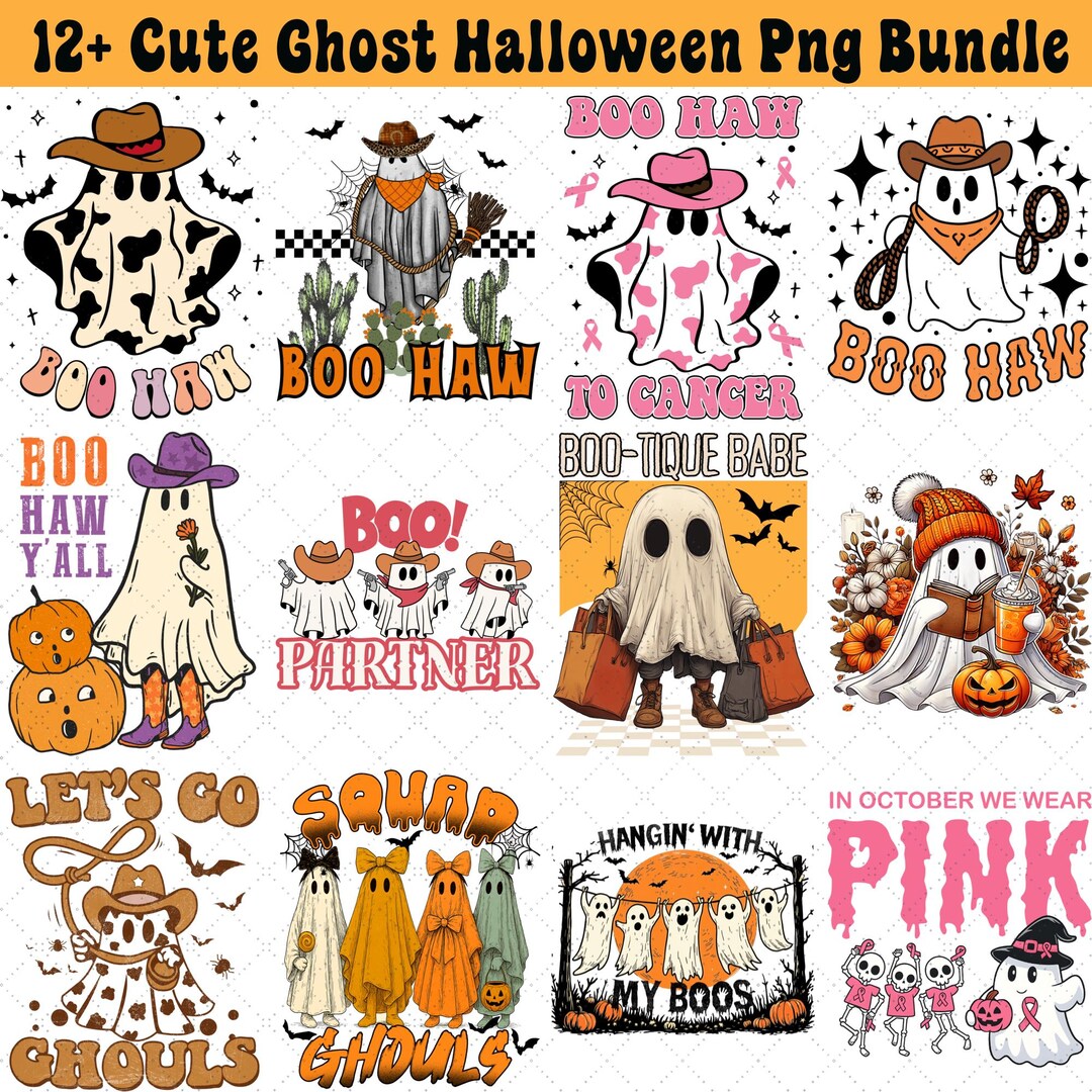 12+ Cute Ghost Cowboy Png Bundle, Boo Ghost Halloween Png, Retro Ghost ...