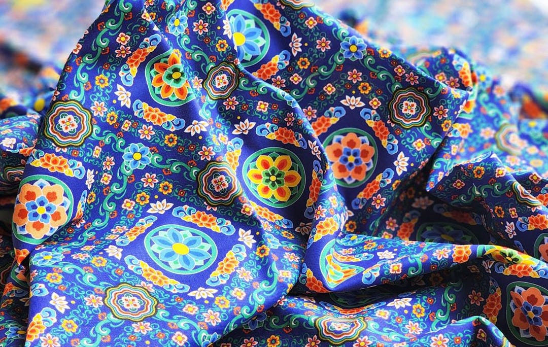 100% Cotton Fabric 20s | Korean Bandana-style Dancheong Lotus-arabesque ...