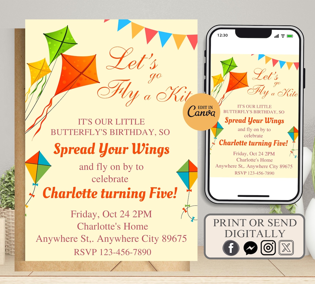 Editable Kite Birthday Invitation, Let's Go Fly Birthday Invitation ...
