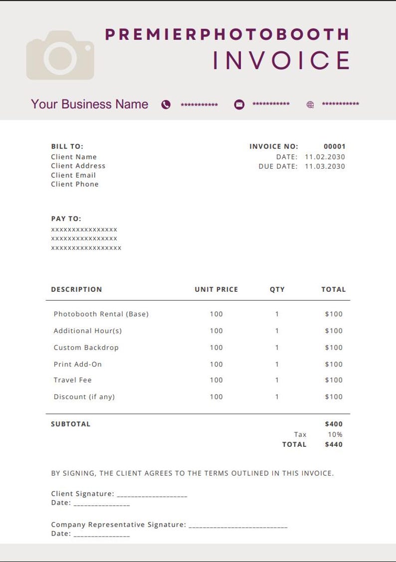 Editable Photobooth Invoice Template | Professional and Customizable - Etsy