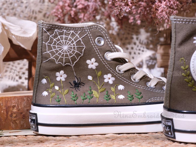Custom Embroidered Converse Shoes: Spider Web, Floral Design - Etsy