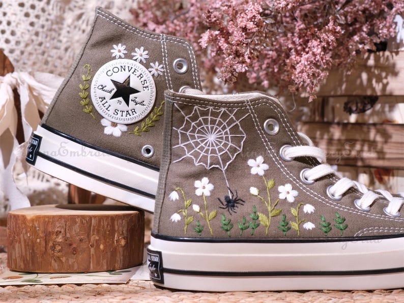 Custom Embroidered Converse Shoes: Spider Web, Floral Design - Etsy
