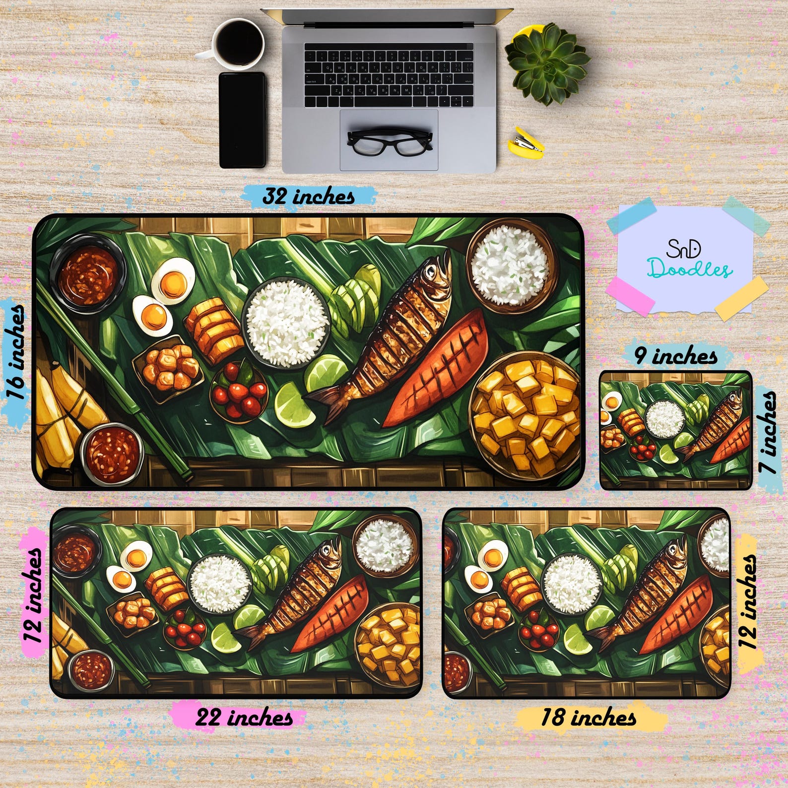 Filipino Boodle Fight Desk Mat | Top-down Food Art on Banana Leaves ...
