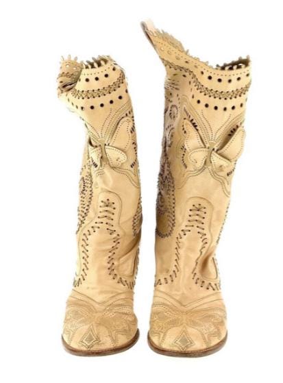 Anna Sui Western Cowboy Boots: Beige Suede Embroidered Cutout, EU 39 - Etsy
