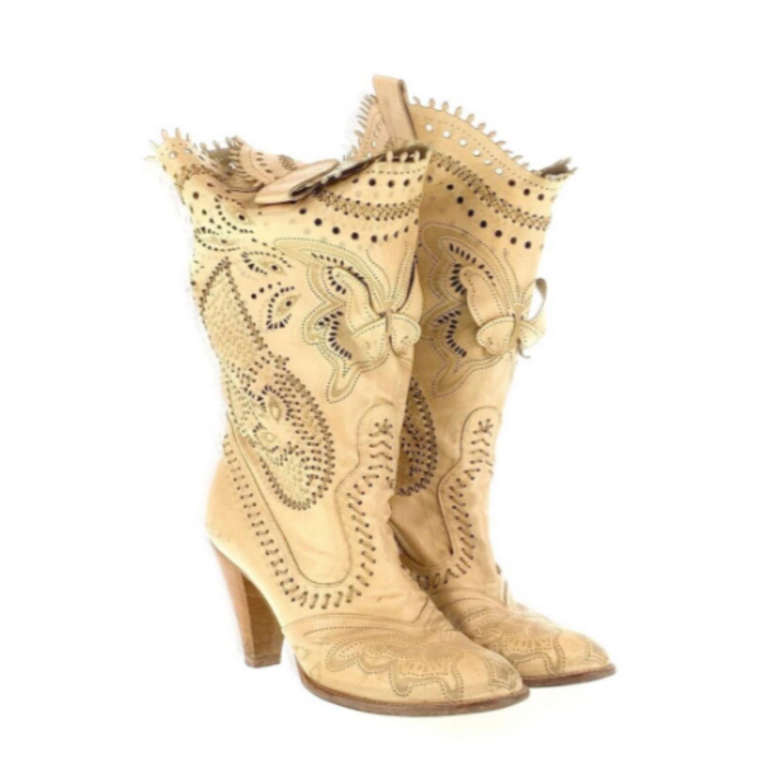 Anna Sui Western Cowboy Boots: Beige Suede Embroidered Cutout, EU 39 - Etsy