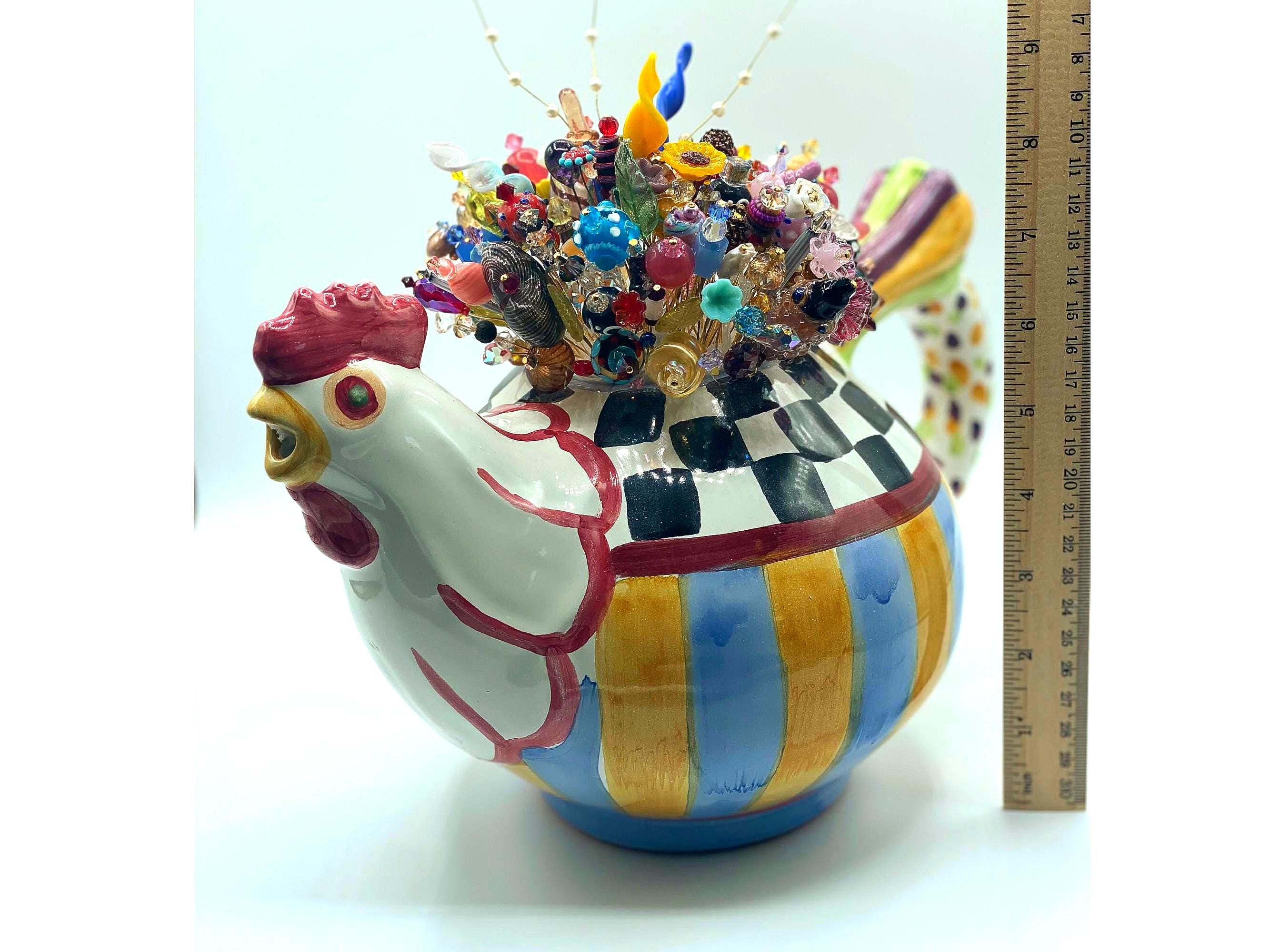 Mackenzie-childs Courtly Check Teapot With Whimsical Beaded Flowers - Etsy