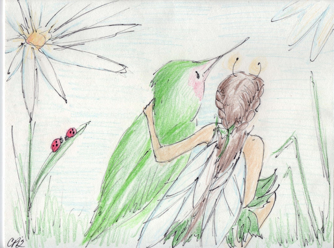 Fairy Art, Fairy and Humming Bird Friends, Signed Print of My Drawing ...