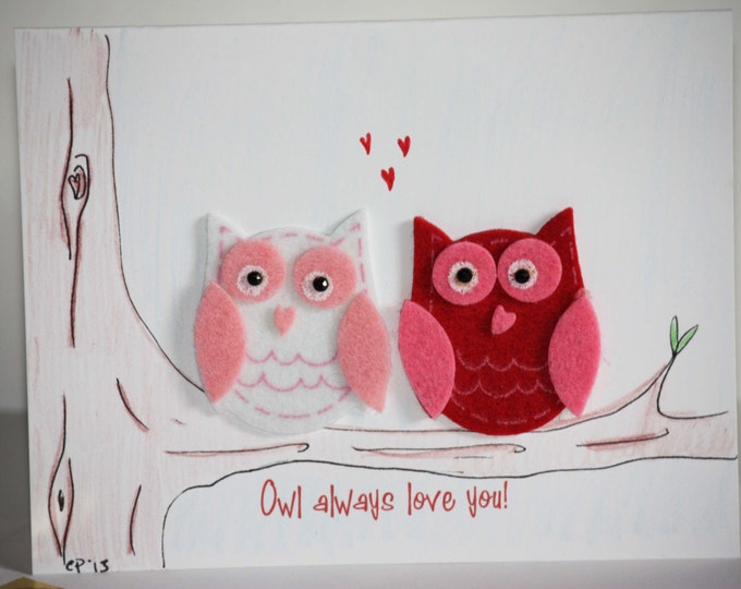 OOAK Hand Drawn Owl Always Love You Valentines Day Card With - Etsy