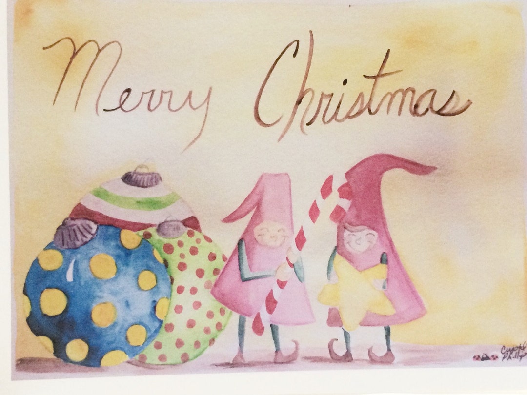 Christmas Elf Card, Whimsical Christmas Elves Card, My Watercolor, Made ...