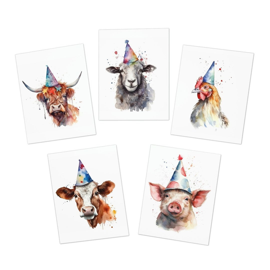 Farm Animal Birthday Card Set of Five Cards , Cow, Sheep, Highland Cow ...