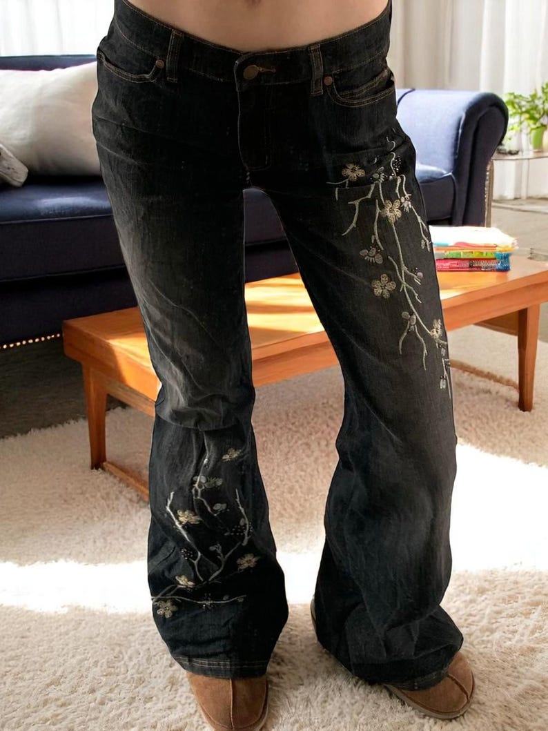 Y2K Floral Embroidered Flared Jeans – Vintage 2000s Low Rise Baggy Denim Pants for Women, Retro ...