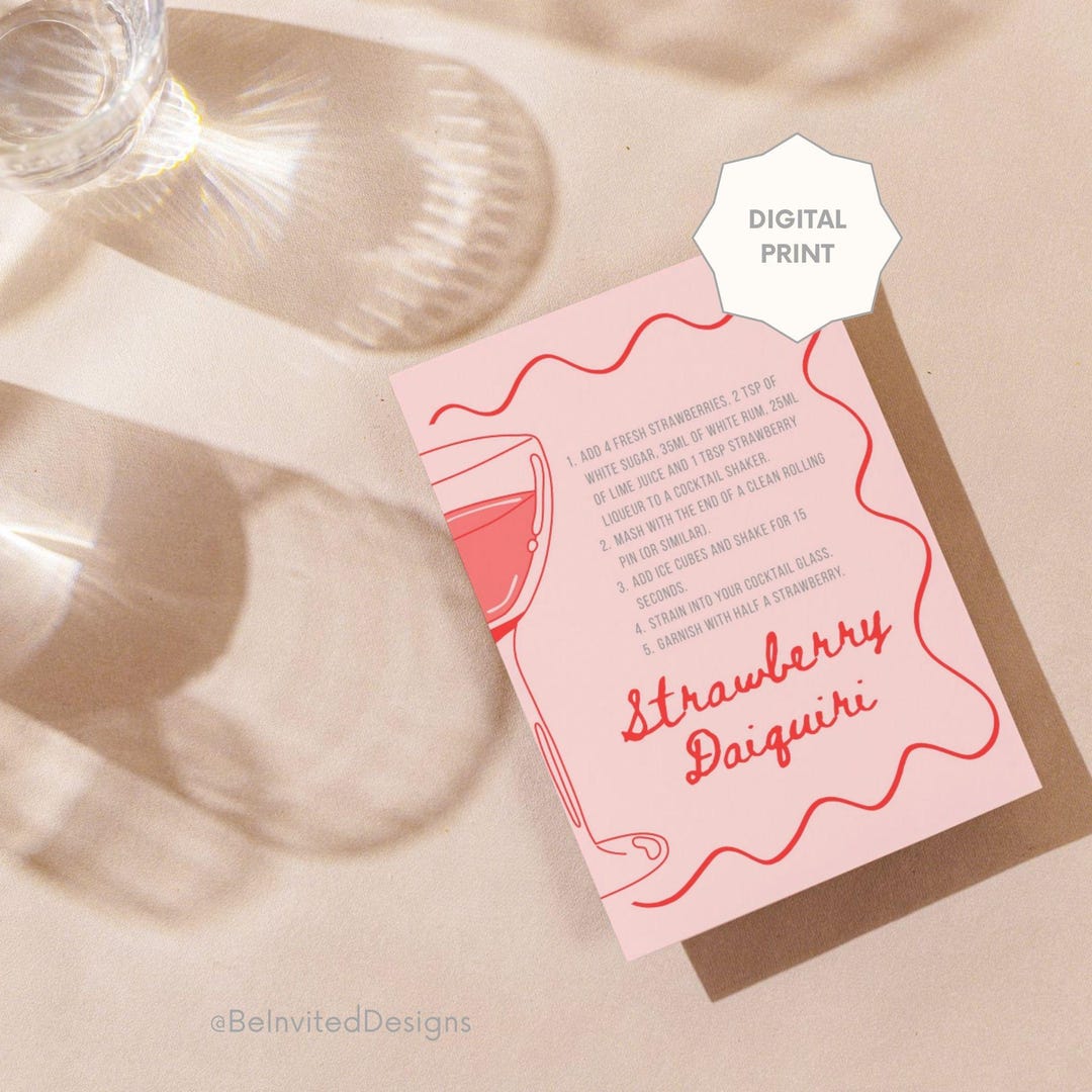 Strawberry Daiquiri Cocktail Recipe Card Digital Print Poster - Hen Do ...