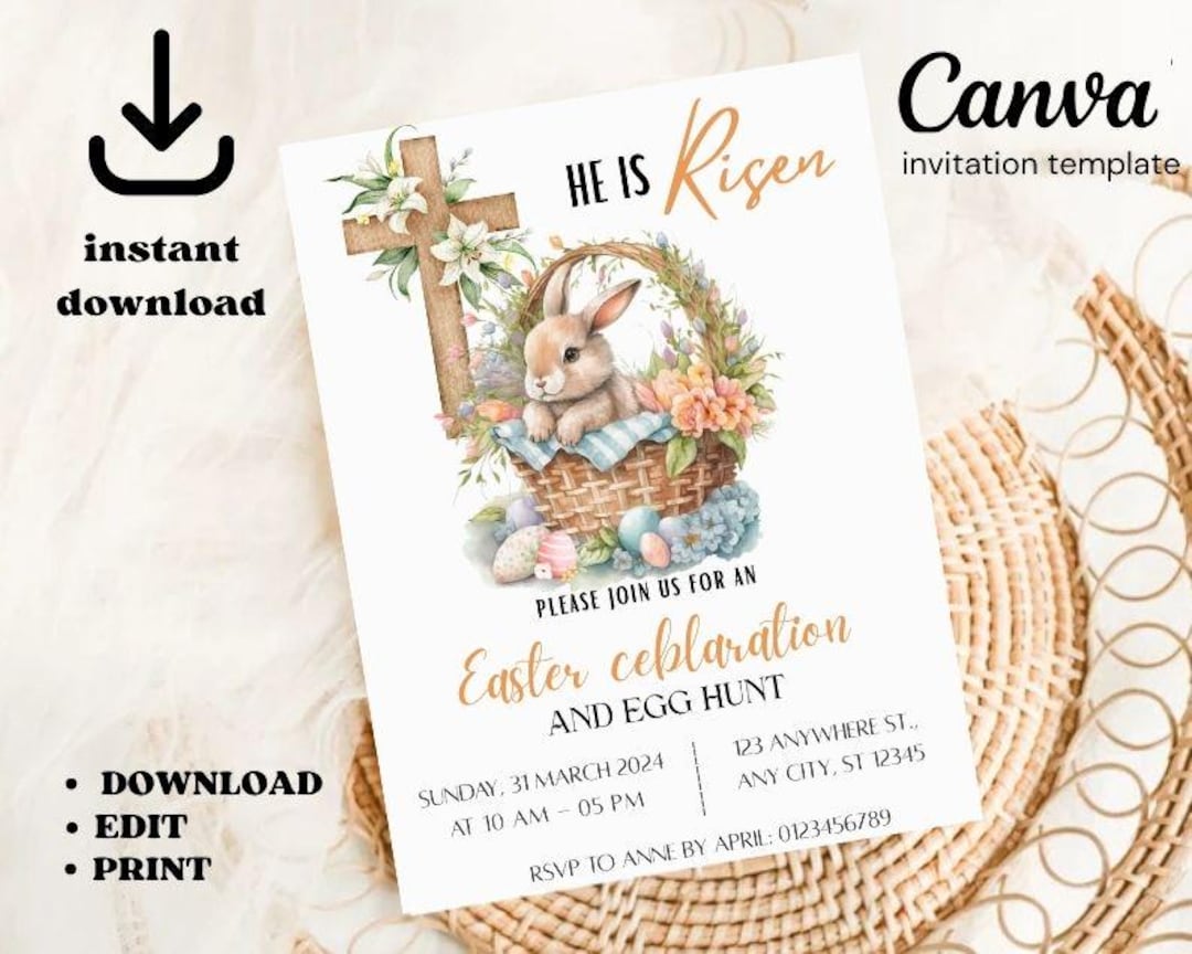 Easter Invitation He is Risen, Religious Easter Invitation Bunny ...