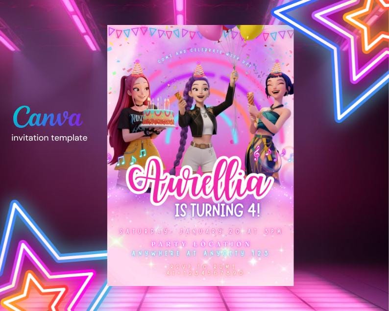 Kpop Demon Hunters Birthday Invitation Template Editable Canva Template ...