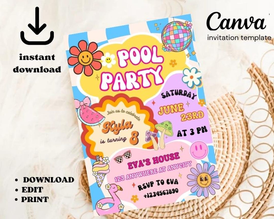 Preppy Pool Party Invitation: Editable Girl Birthday Template (digital ...