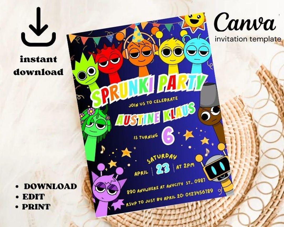 Sprunki Birthday Party Invitation Template: Editable Canva Design ...