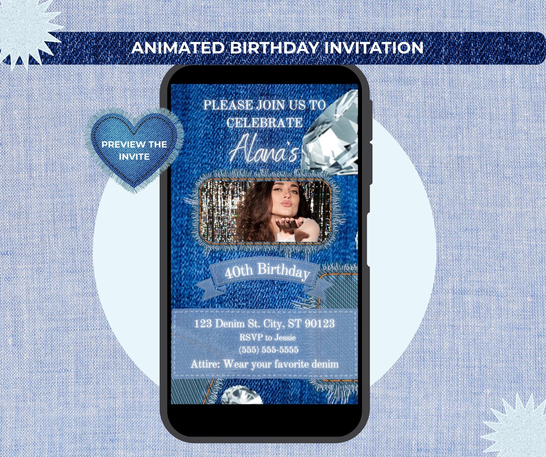 Denim Birthday Invitation Animated Diamonds & Denim Party Invite ...