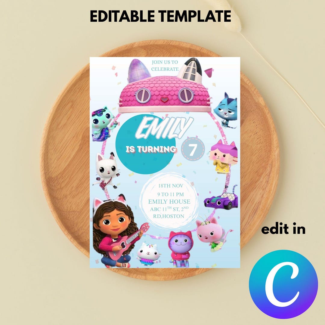 Editable Gabby Dollhouse Birthday Invitation, Gabby's Kids Birthday ...