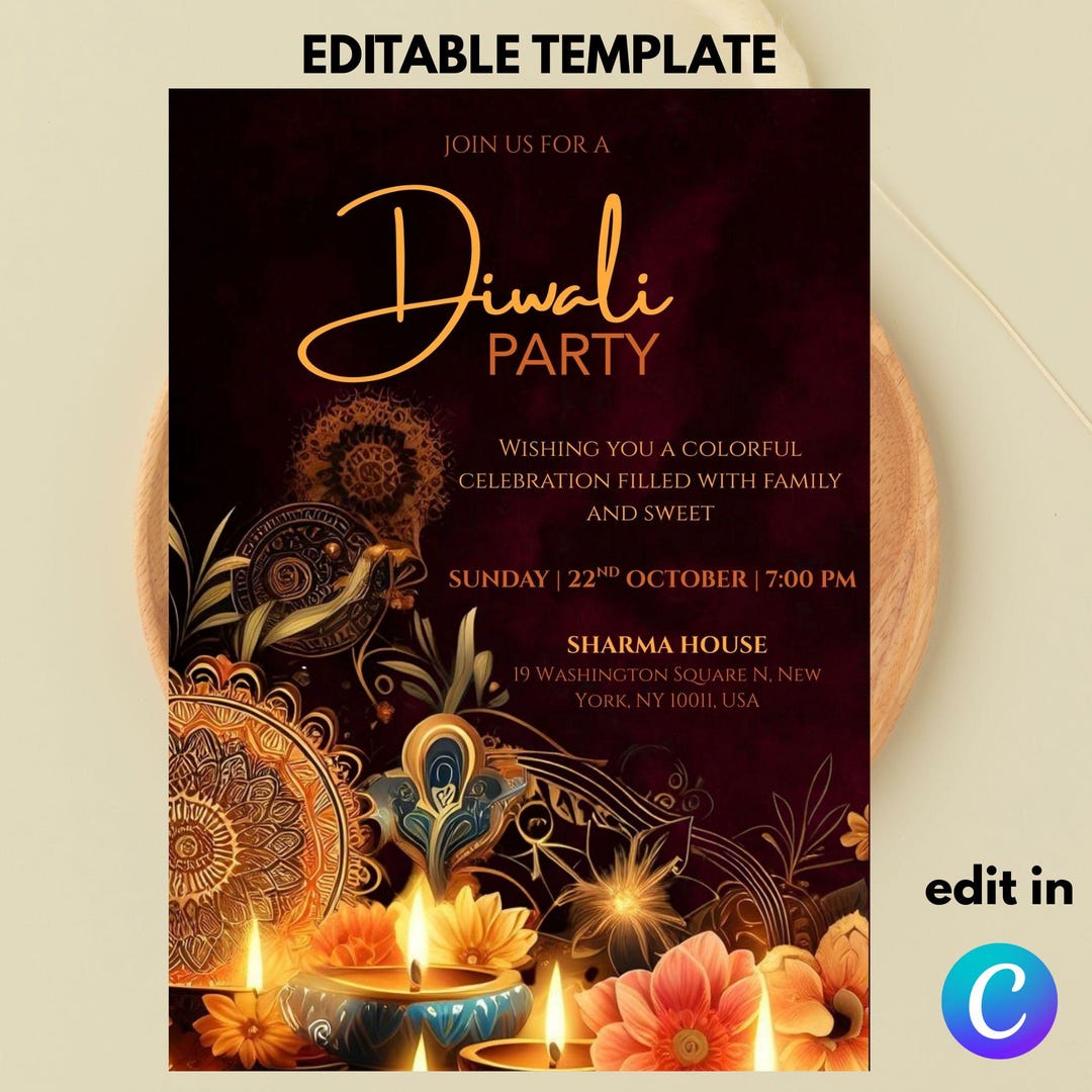 Editable Diwali Invitation Template: Hindu Festival Dinner Evite (PDF ...