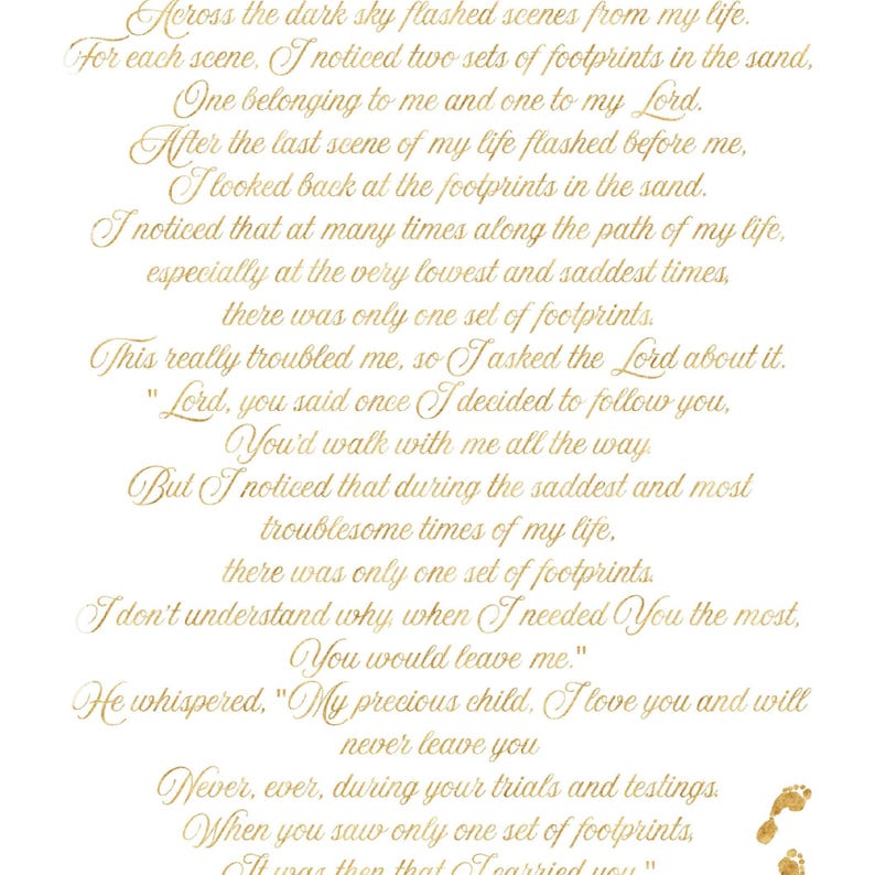 Footprints in the Sand Poem Print | Gold Calligraphy Christian Art ...