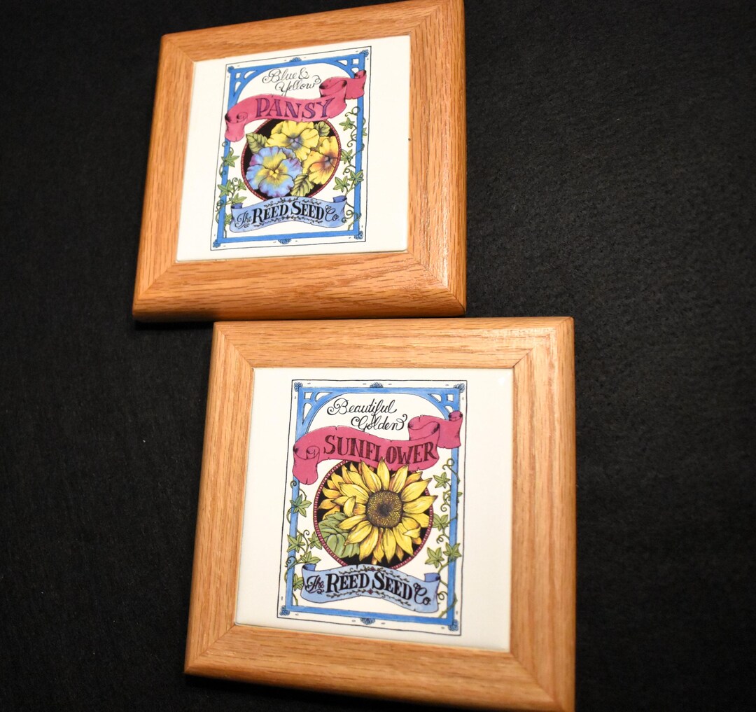 Two (2) Handcrafted Oak Framed Seed Packet (sunflower and Pansy) Tile ...