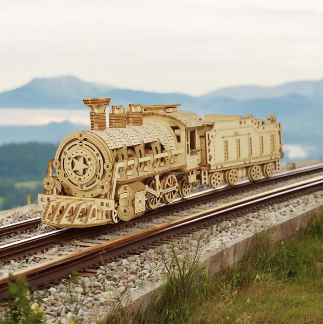 3D Puzzle Wooden Mechanical Train - DIY Vintage Locomotive Model Kit ...