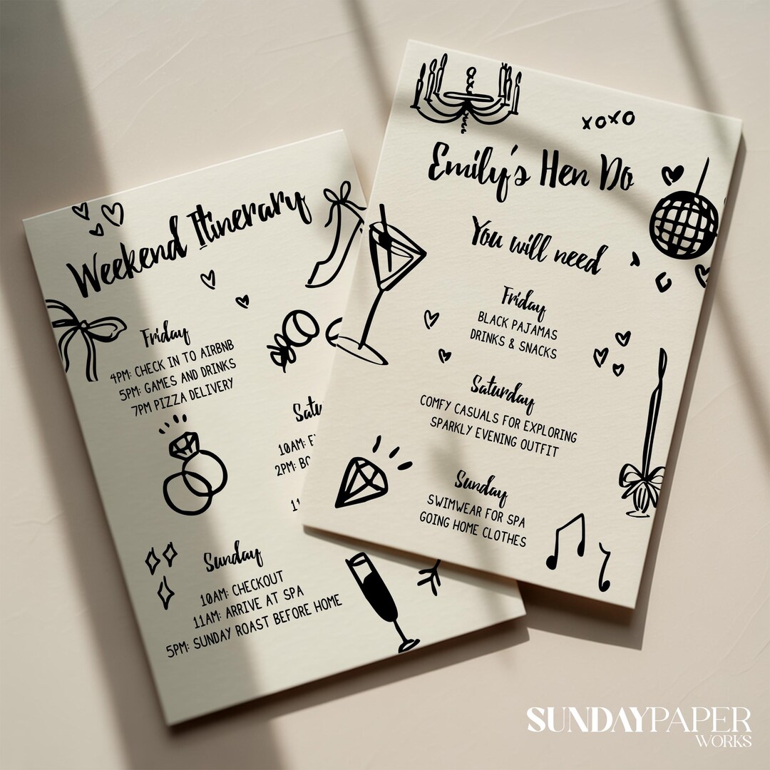 Hen Do Itinerary & Packing List Template, Simple Doodle Girls Trip ...