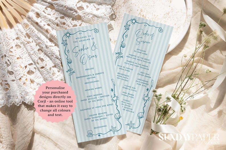 Coastal Wedding Program Template, Illustrated Shells With Stripe ...