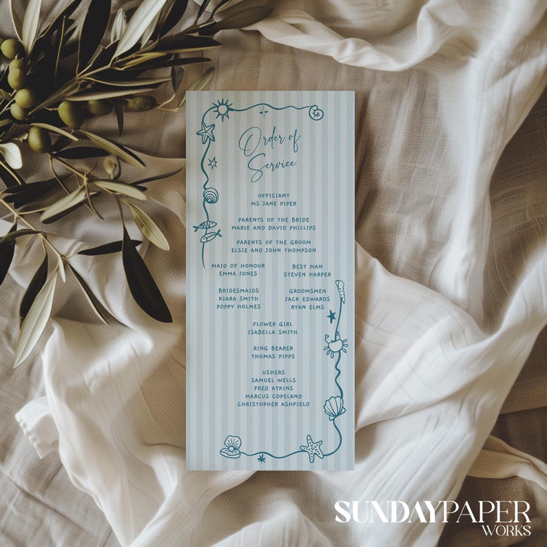 Coastal Wedding Program Template, Illustrated Shells With Stripe ...