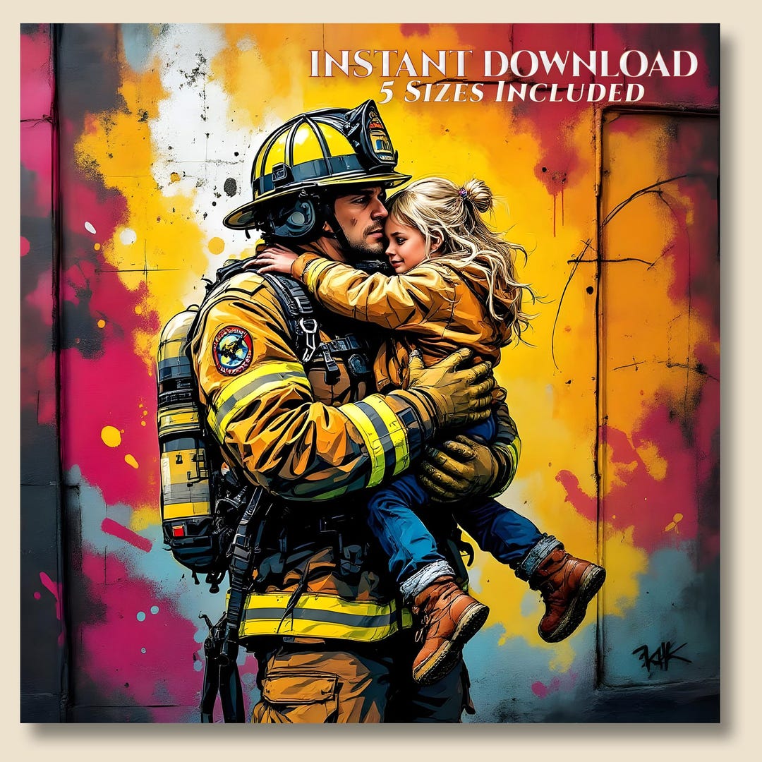 Firefighter Hugging Child Wall Art – Urban Graffiti Poster, Heroic ...