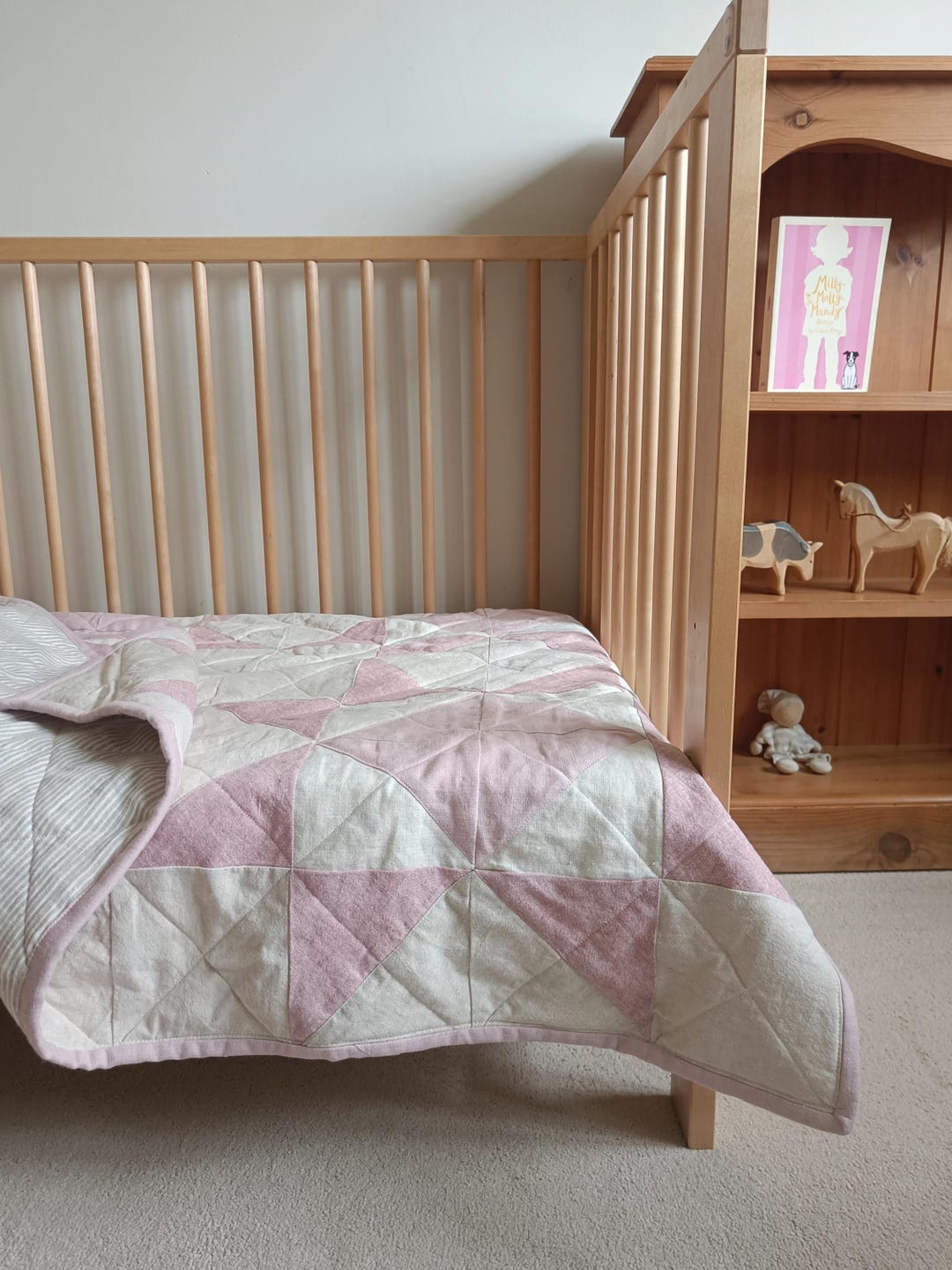 Handmade Linen Baby Quilt: 'pink Stars' Patchwork Playmat, Cot Blanket ...