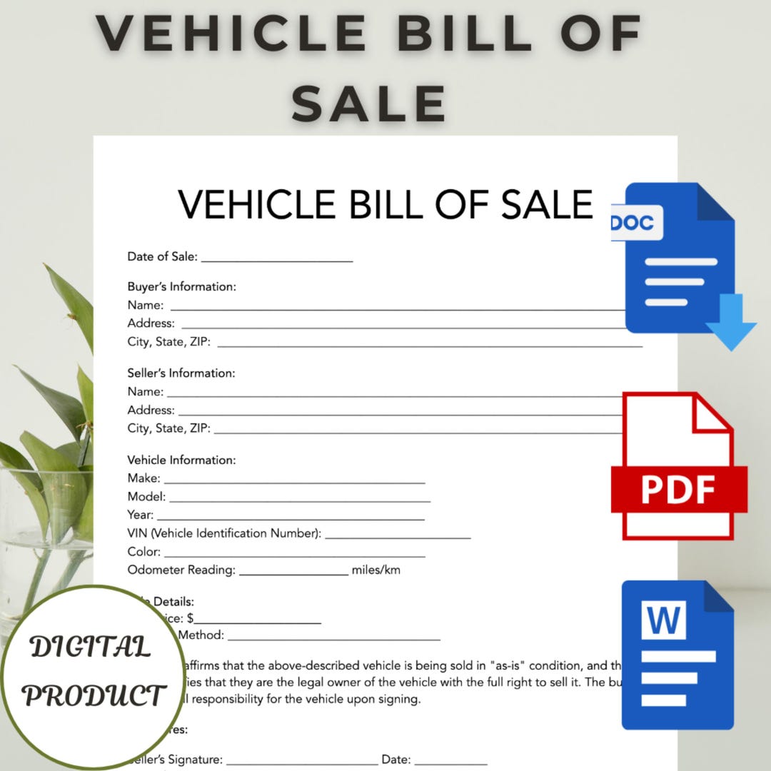 Vehicle Bill of Sale, Printable Motor Vehicle Sale Contract, Vehicle ...