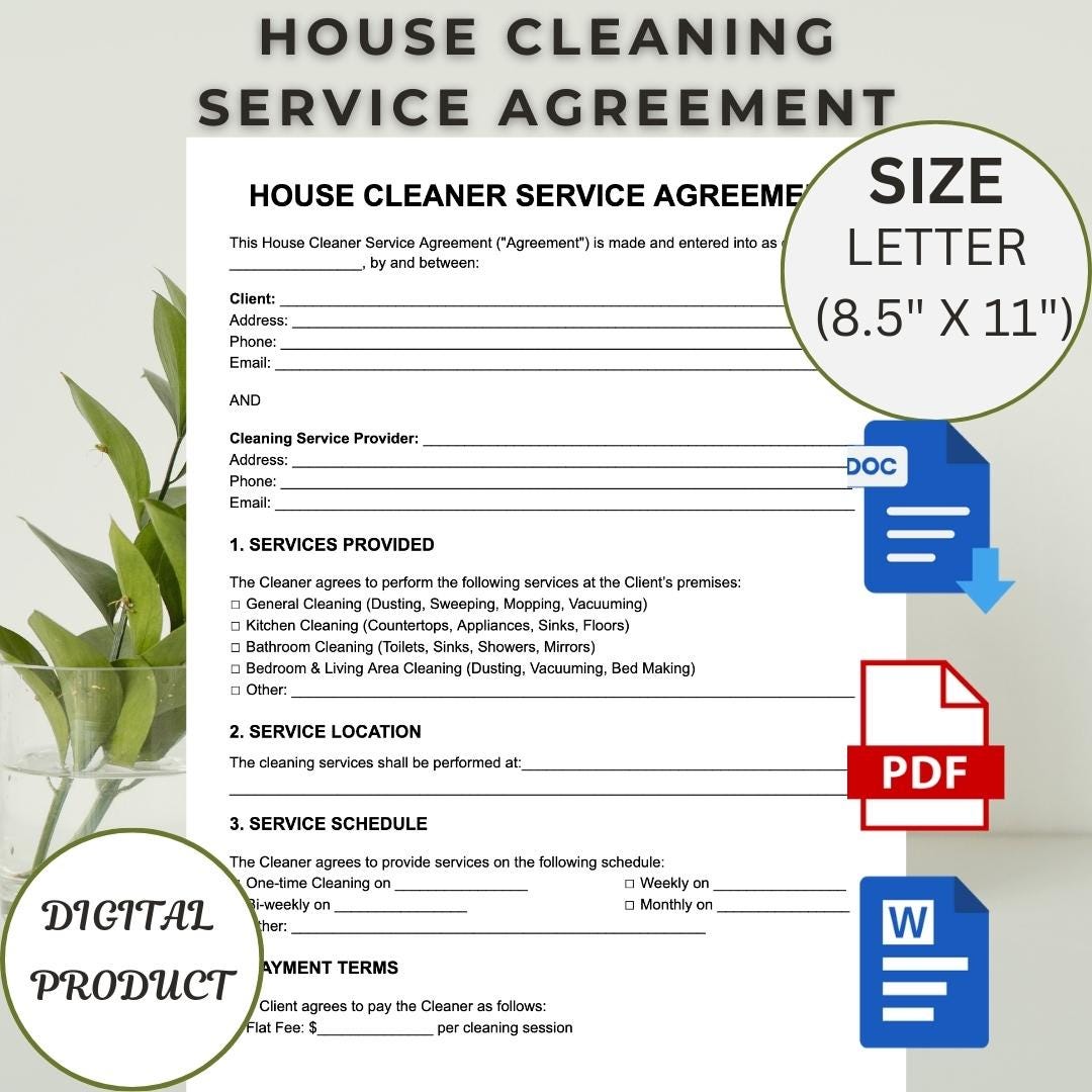House Cleaning Contract Agreement Template, Printable Editable Contract ...