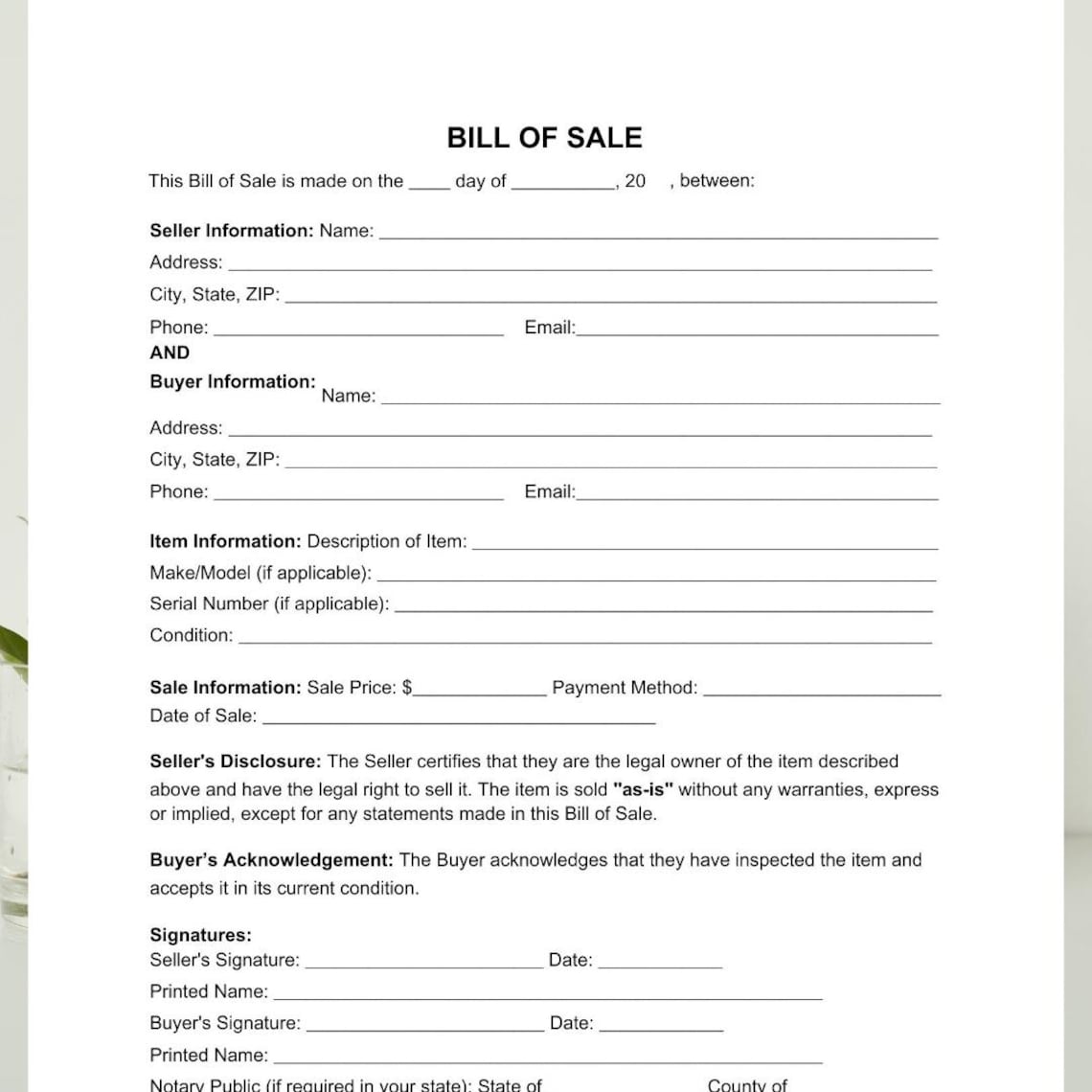 Editable Printable Bill of Sale Contract, Simple Agreement Template ...