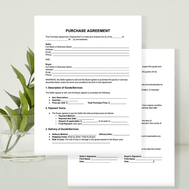 Editable Purchase Agreement Template: Printable Contract (PDF & Word ...